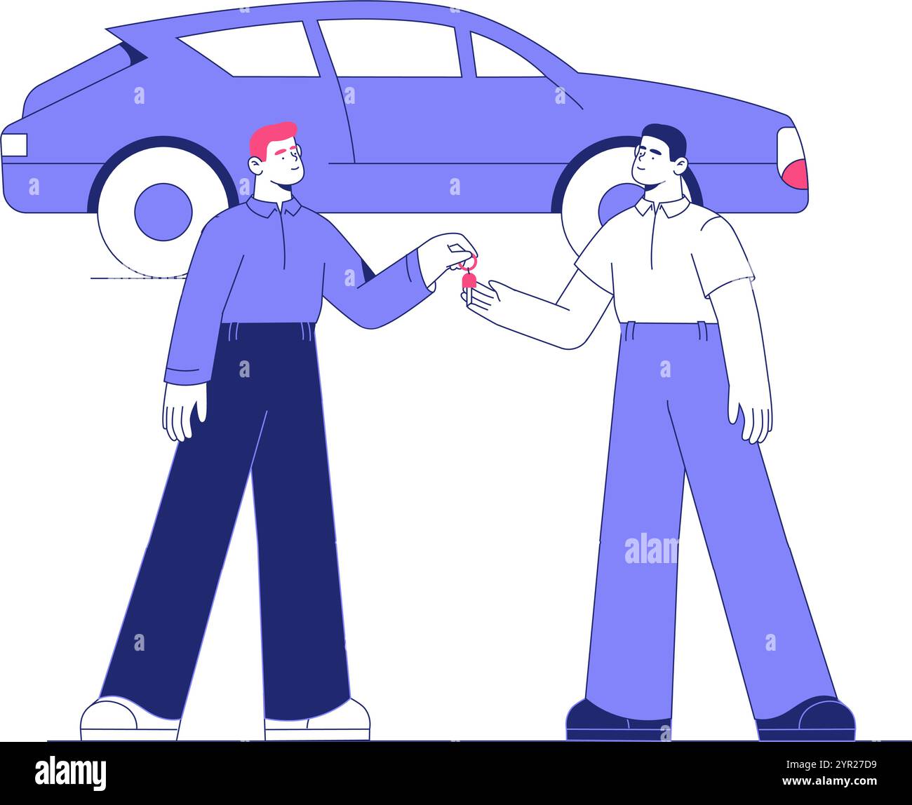 Two Male Characters Exchanging Car Keys In Flat Vector Illustration ...