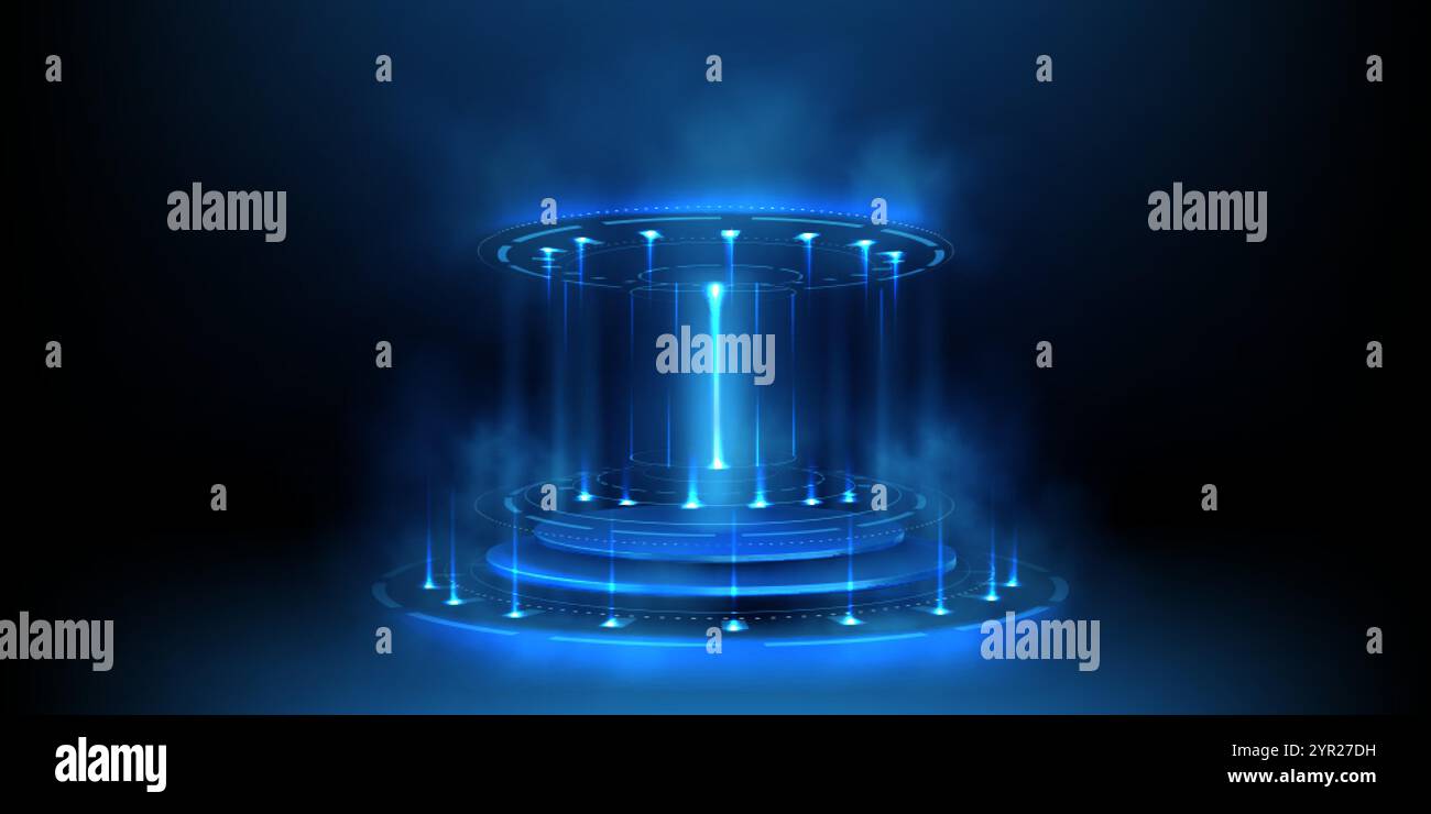 Circular podium radiates blue neon light, vertical luminous beams and ...