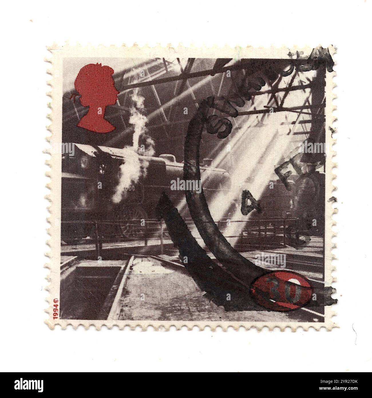 A vintage postage stamp from Great Britain featuring a steam locomotive ...