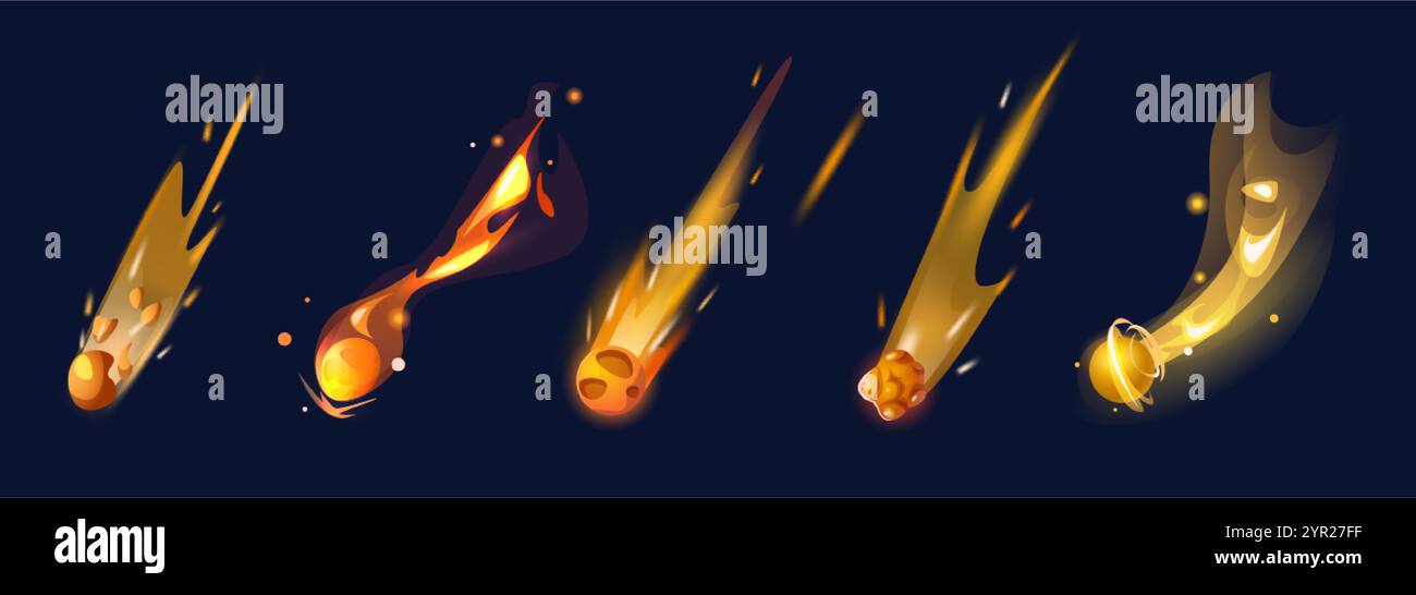 Asteroid or comet stone falling on high speed with fire trail in dark ...