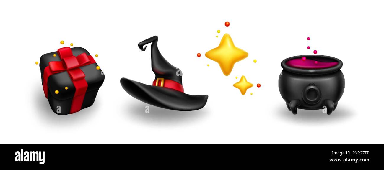 3d magic element icon. Yellow star and surprise. Witch hat, black ...