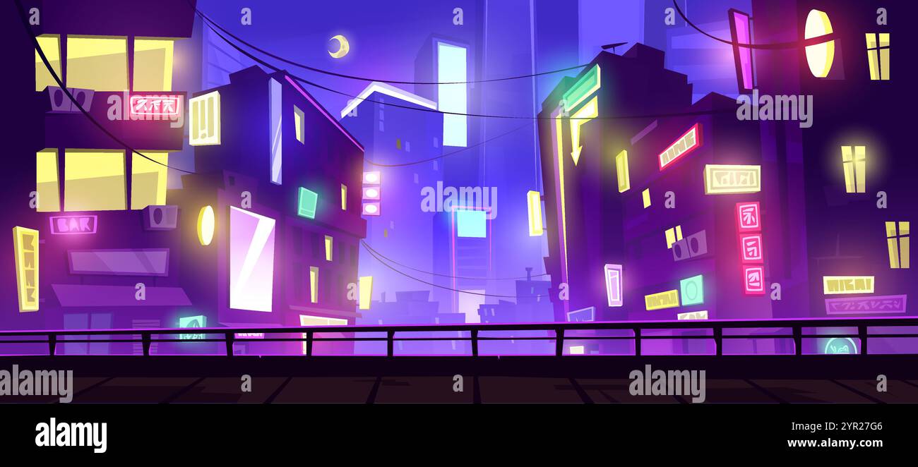 Vibrant night cityscape with neon glowing buildings. Colorful signs ...