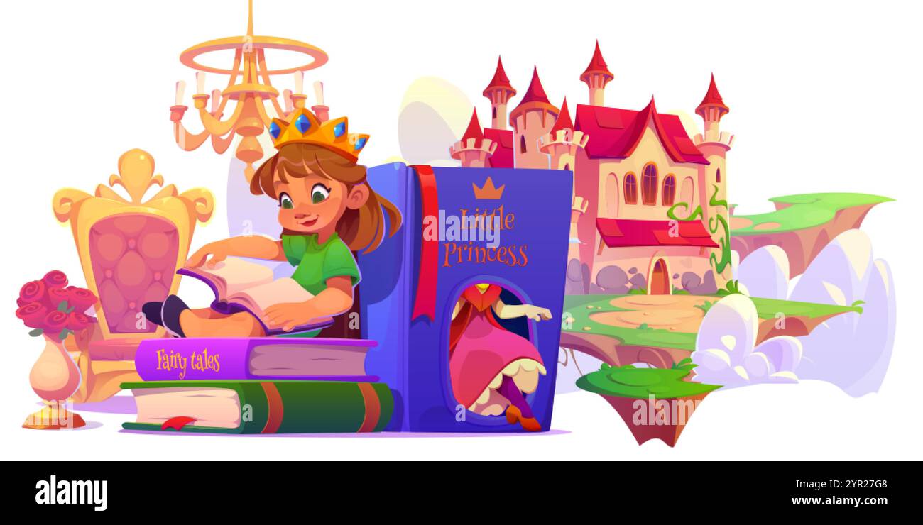 Little girl reading princess story book isolated on white background ...