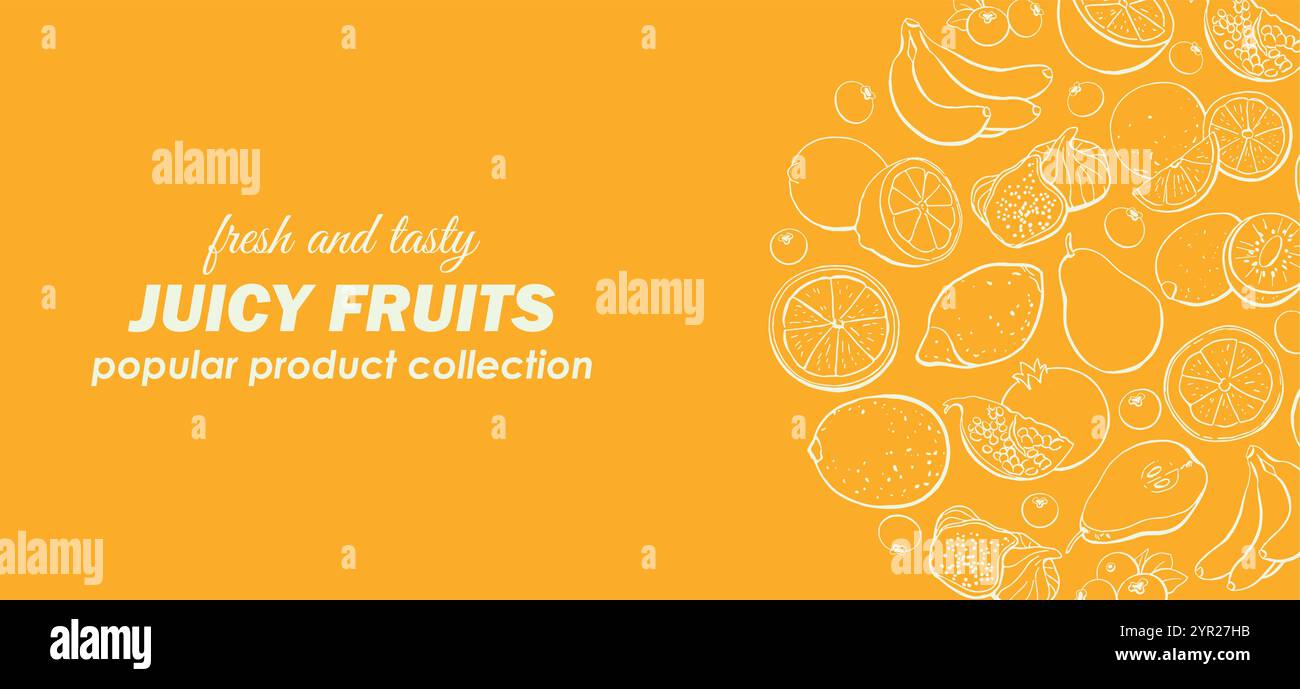 Healthy food background top view with doodle fruits on yellow ...