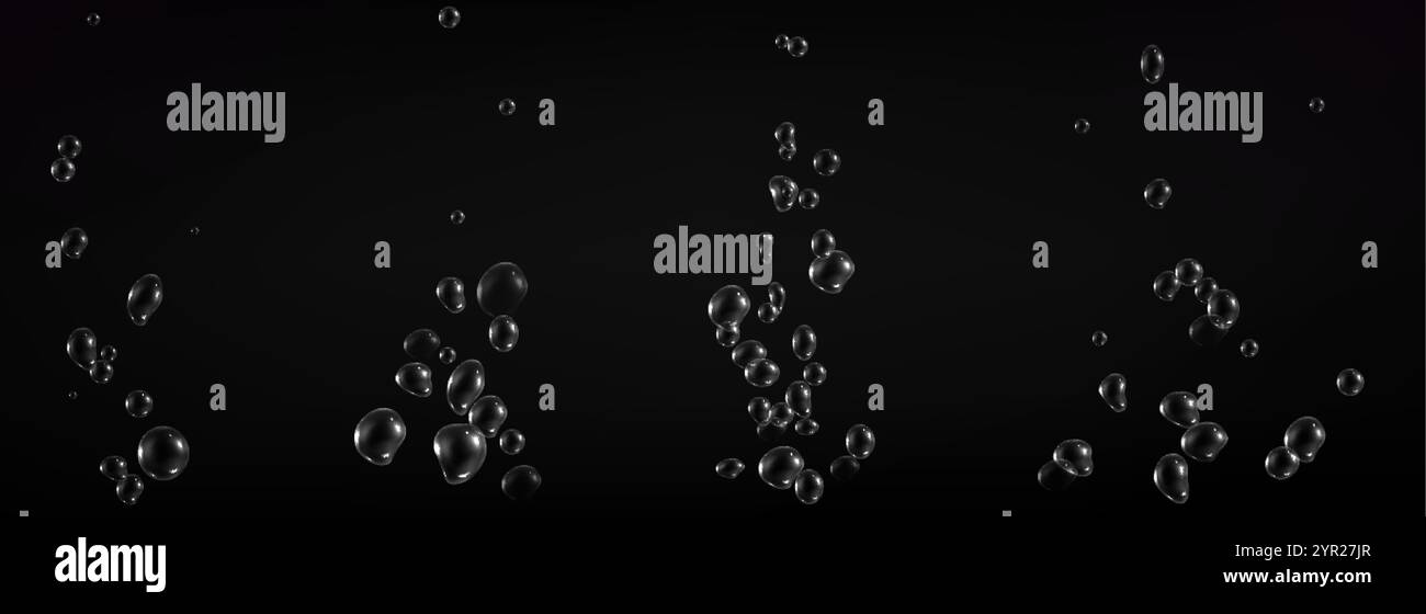 Fizzy water bubbles floating on dark background. Multiple transparent ...