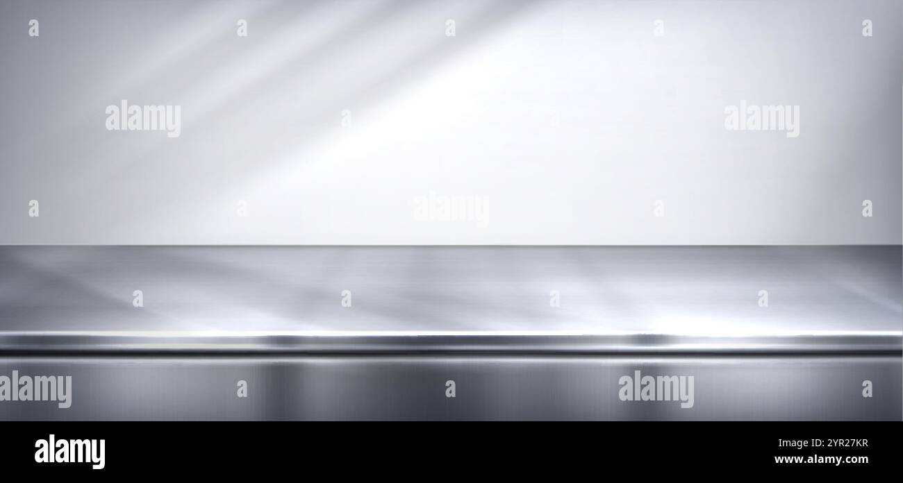 3d metal kitchen desk surface. Steel limbo counter top background ...