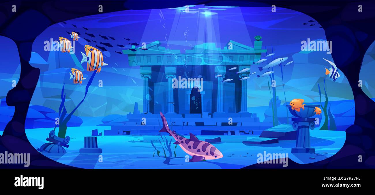 Sunken ancient temple ruins with classical columns illuminated by ...