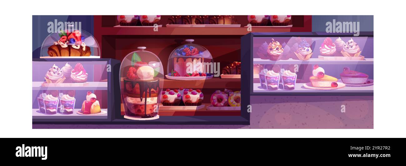 Bakery shop with cute cake on counter showcase. Cafe store with muffin ...