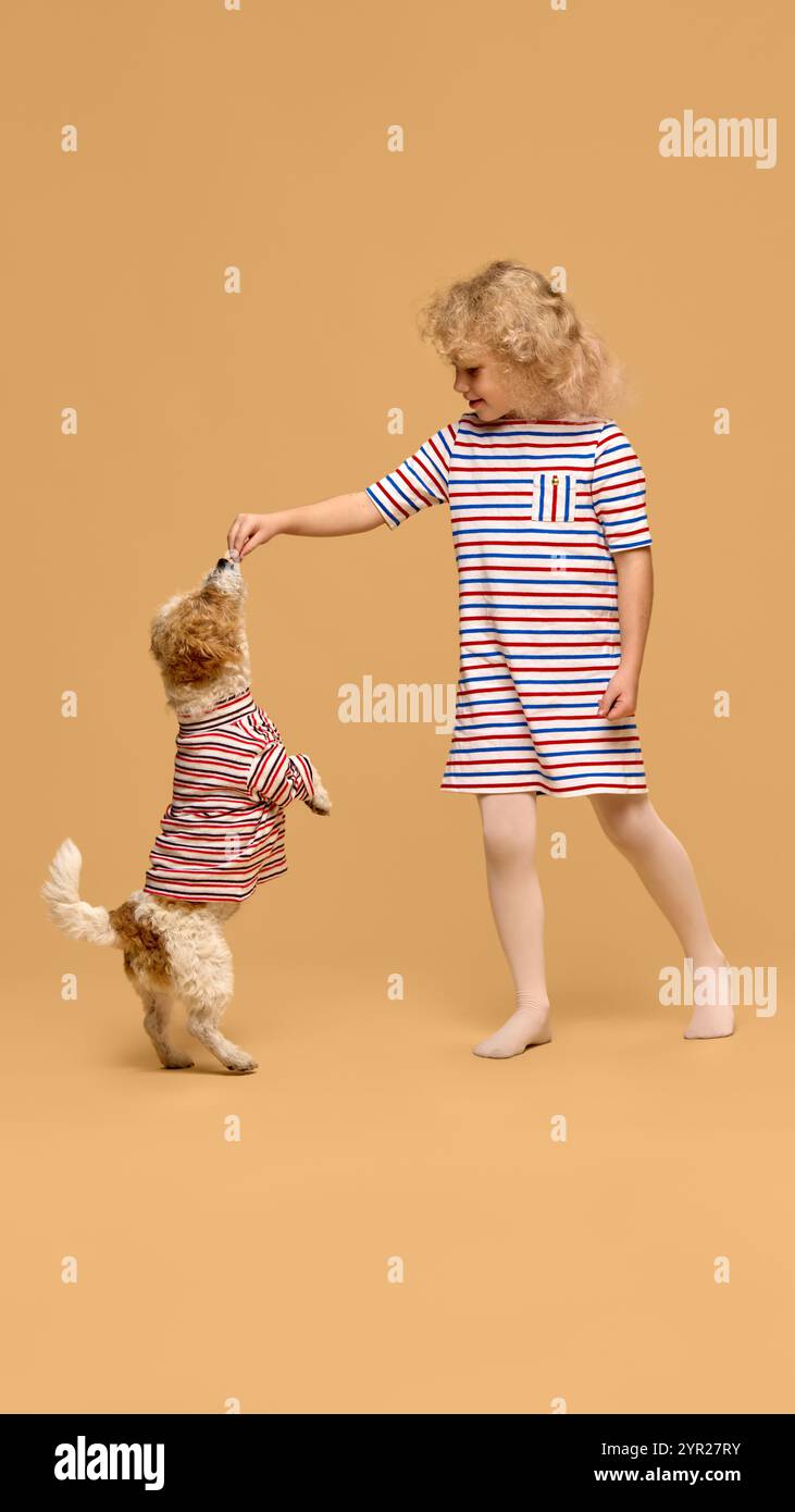 Little girl, child in striped dress and stockings, feeding dog wearing ...