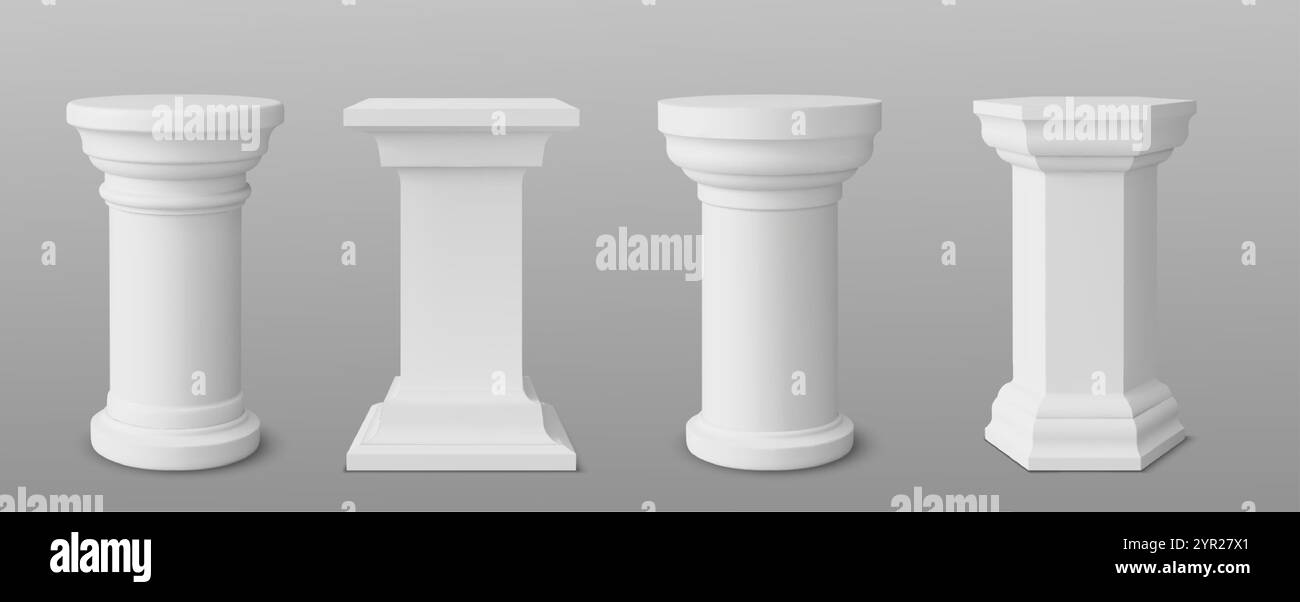 3d white pillar podium. Museum column stand vector for product display ...