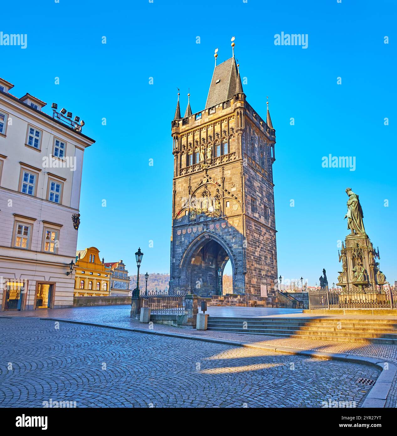The Crusaders Square with bronze monument to Charles IV and the Old Town Bridge Tower of Charles ...