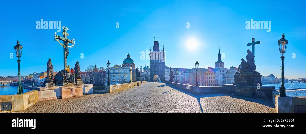 Panorama of sculptured Charles Bridge with Calvary and Pieta statues ...