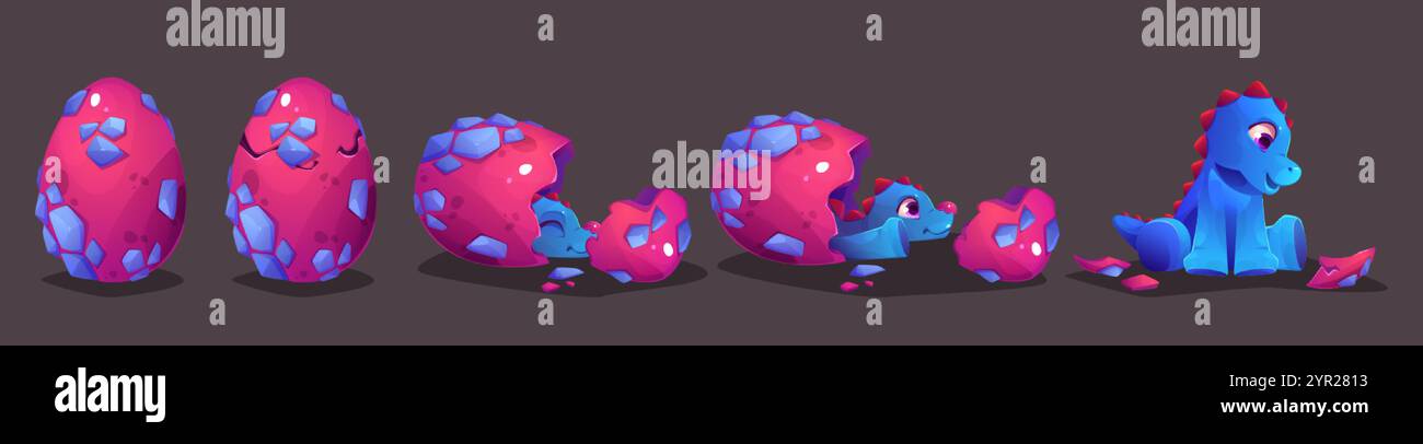 Cute baby reptile birth from egg animation sequence. Little dino ...