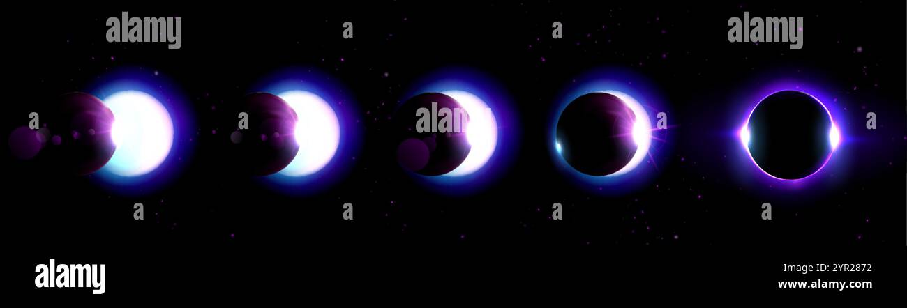 Moon phases gradually cover solar disc. Celestial eclipse progression ...