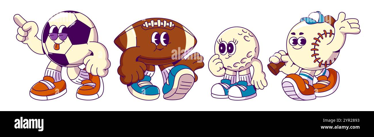 Retro cartoon sports ball characters set in sneakers with expressive ...