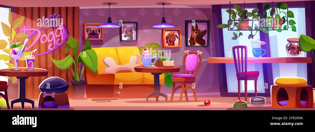 Dog cafe business. Table in pet restaurant cartoon illustration. Lunch ...
