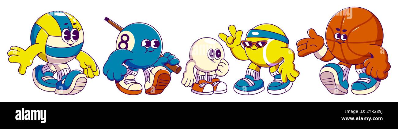 Retro cartoon sport balls mascots wearing sneakers. Vector collection ...