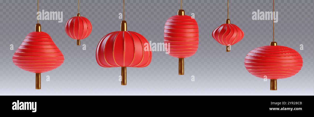 Chinese paper lanterns 3d set with red color and gold details on ...
