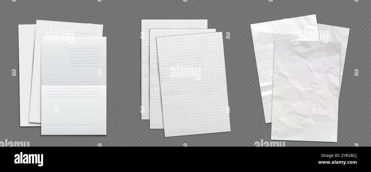 Different paper sheets set on grey background. Lined notebook pages ...