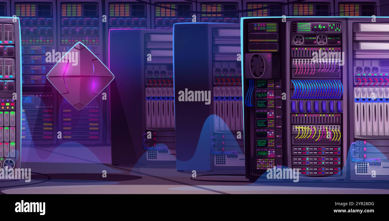 Futuristic data center server room interior with neon glowing equipment ...
