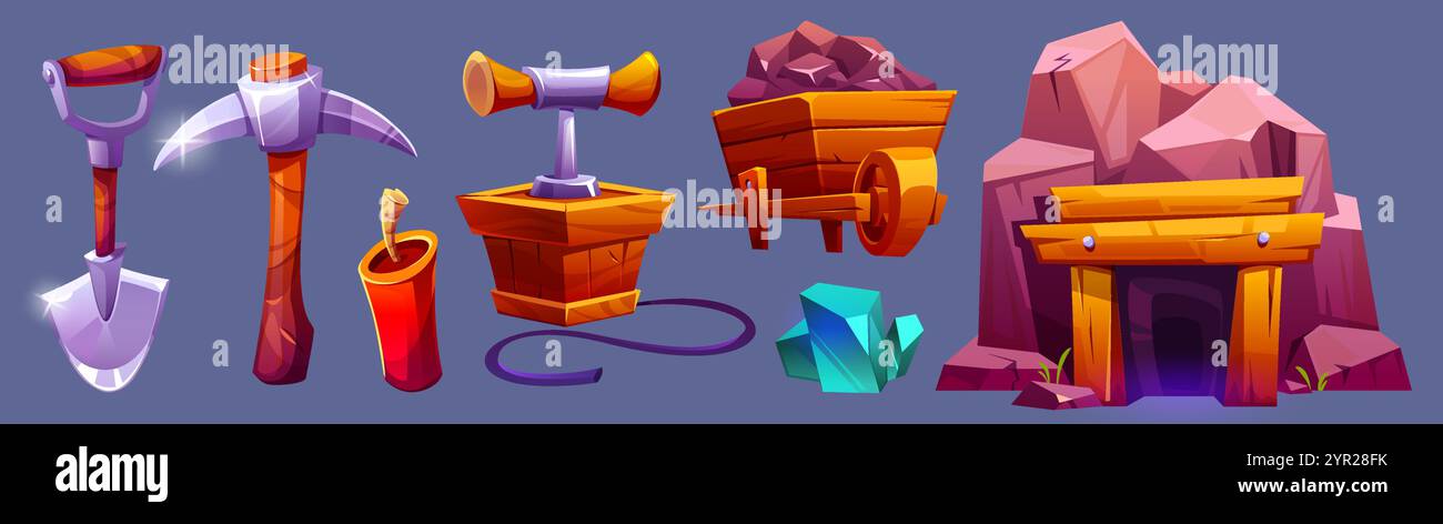 Coalmine entrance and mining equipment set isolated on background ...