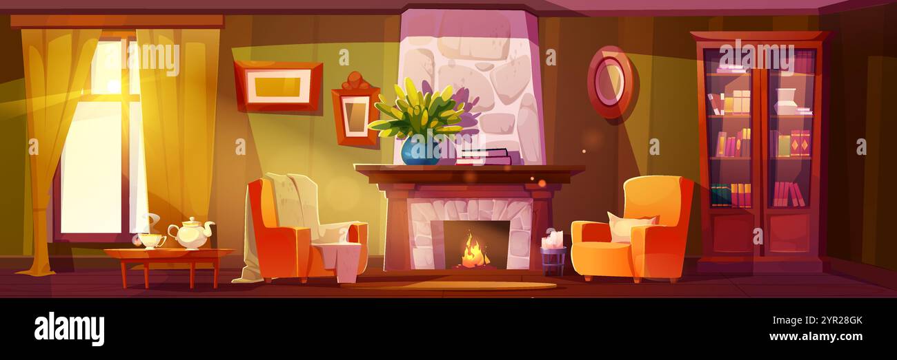 Cozy living room with fireplace. Vector cartoon illustration of house ...