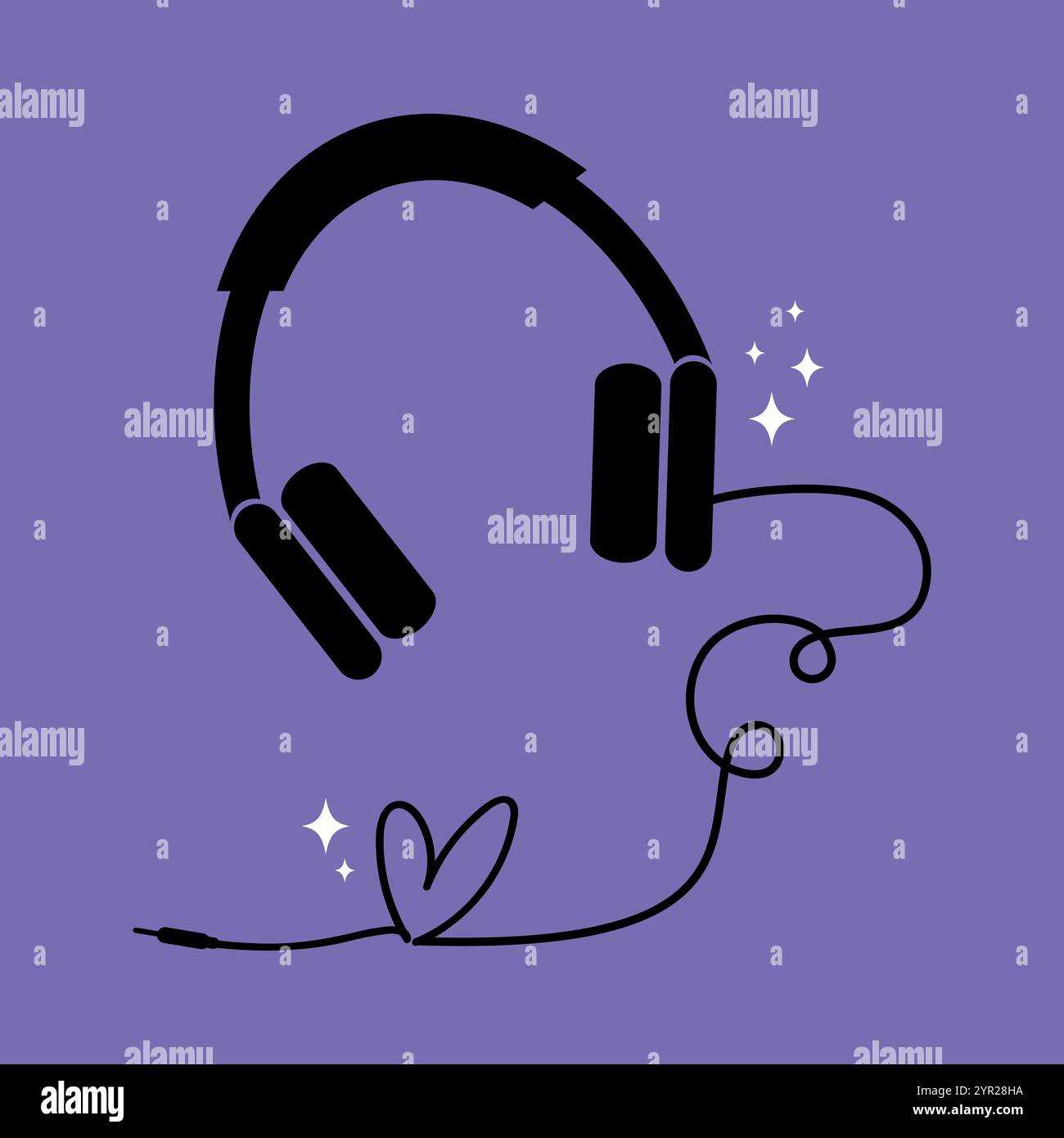 Headphones silhouette with heart shaped cord on purple background ...