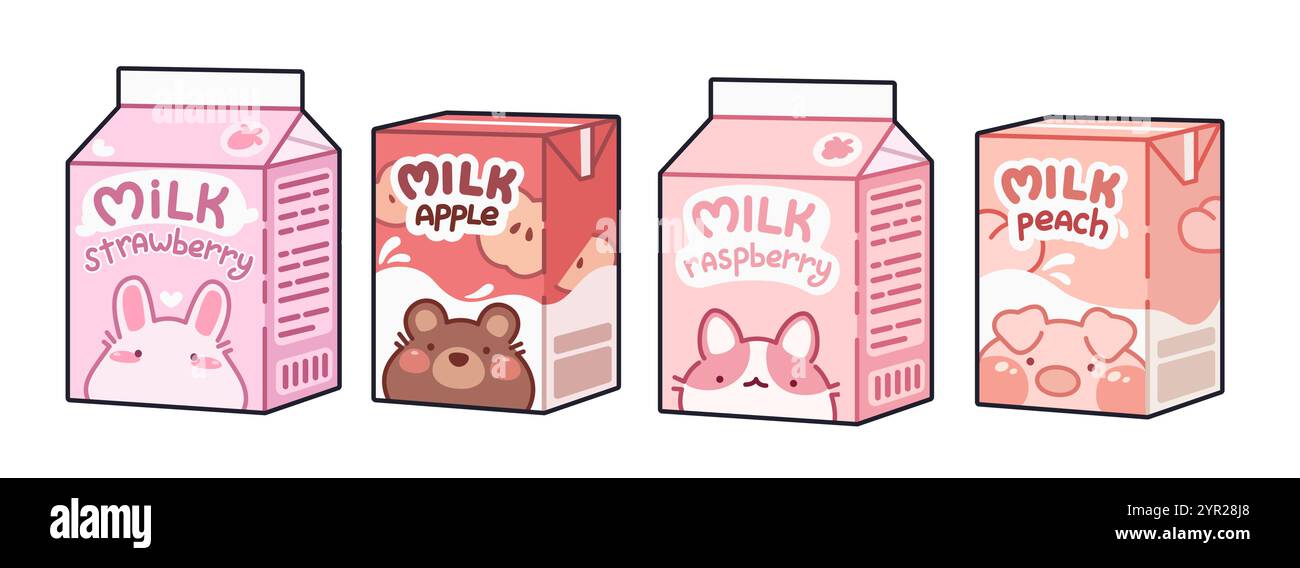 Kawaii style milk drink boxes set isolated on white background ...