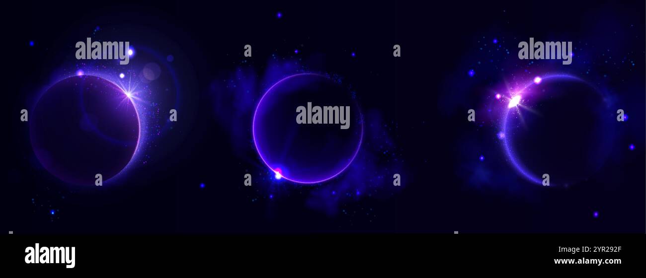 Solar eclipse shown through glowing purple rings on dark background ...