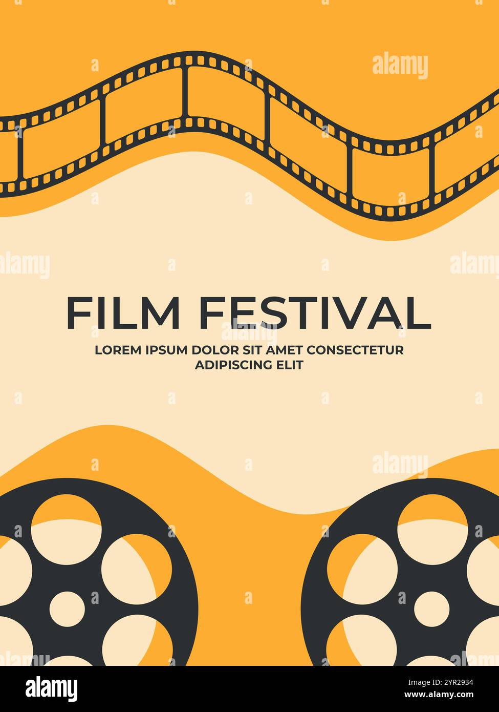 Film festival poster decorated with and wavy film strip and film reels ...