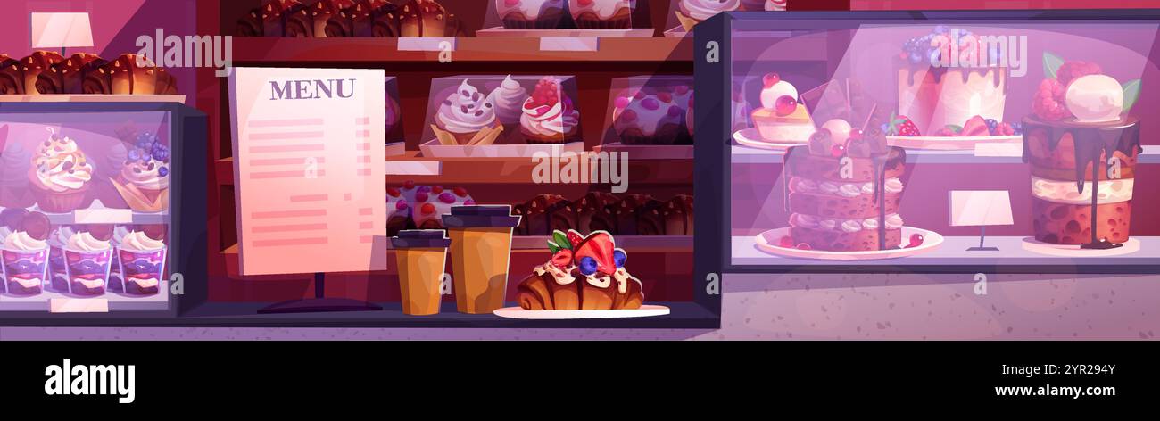 Pastry shop or cafe showcase displays delicious baked dessert goods ...