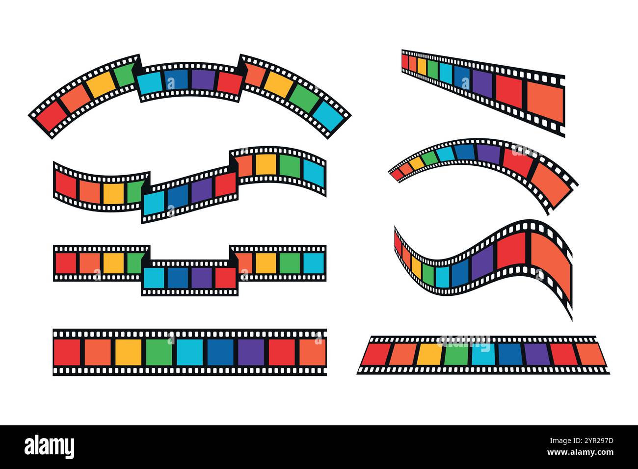 Set of different shaped rainbow colored film strips. Film ribbon of ...
