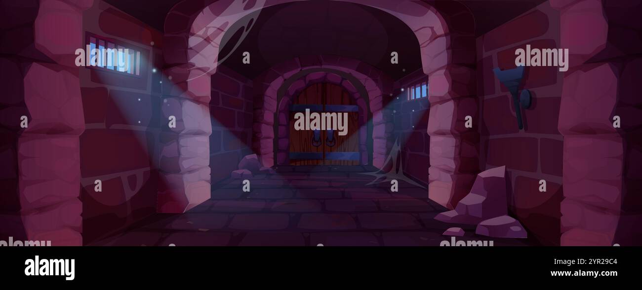 Dark medieval stone corridor leads to wooden entrance with blue ...