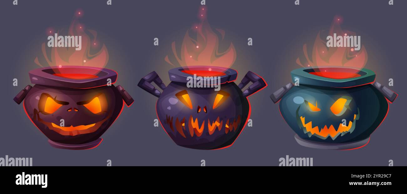 Magic halloween witch cauldron with spooky fire face vector. Wizard ...