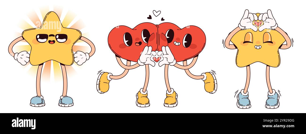 Groovy heart and star retro character illustration. Vintage valentine ...