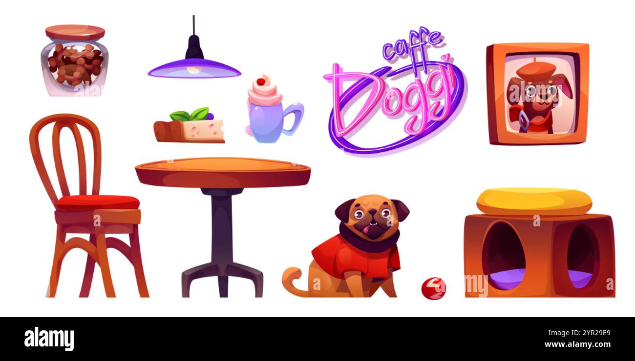 Dog friendly cafe interior elements. Cartoon vector set of cafeteria ...