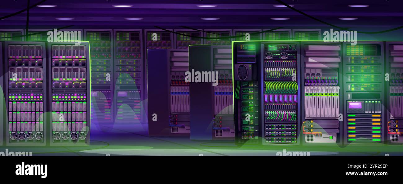 Modern data center room interior illuminated by green neon lighting ...