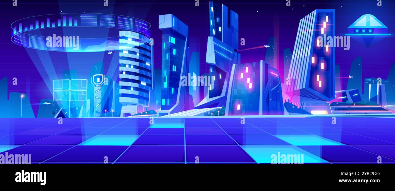Futuristic metropolis with blue and violet neon lights. Glass ...