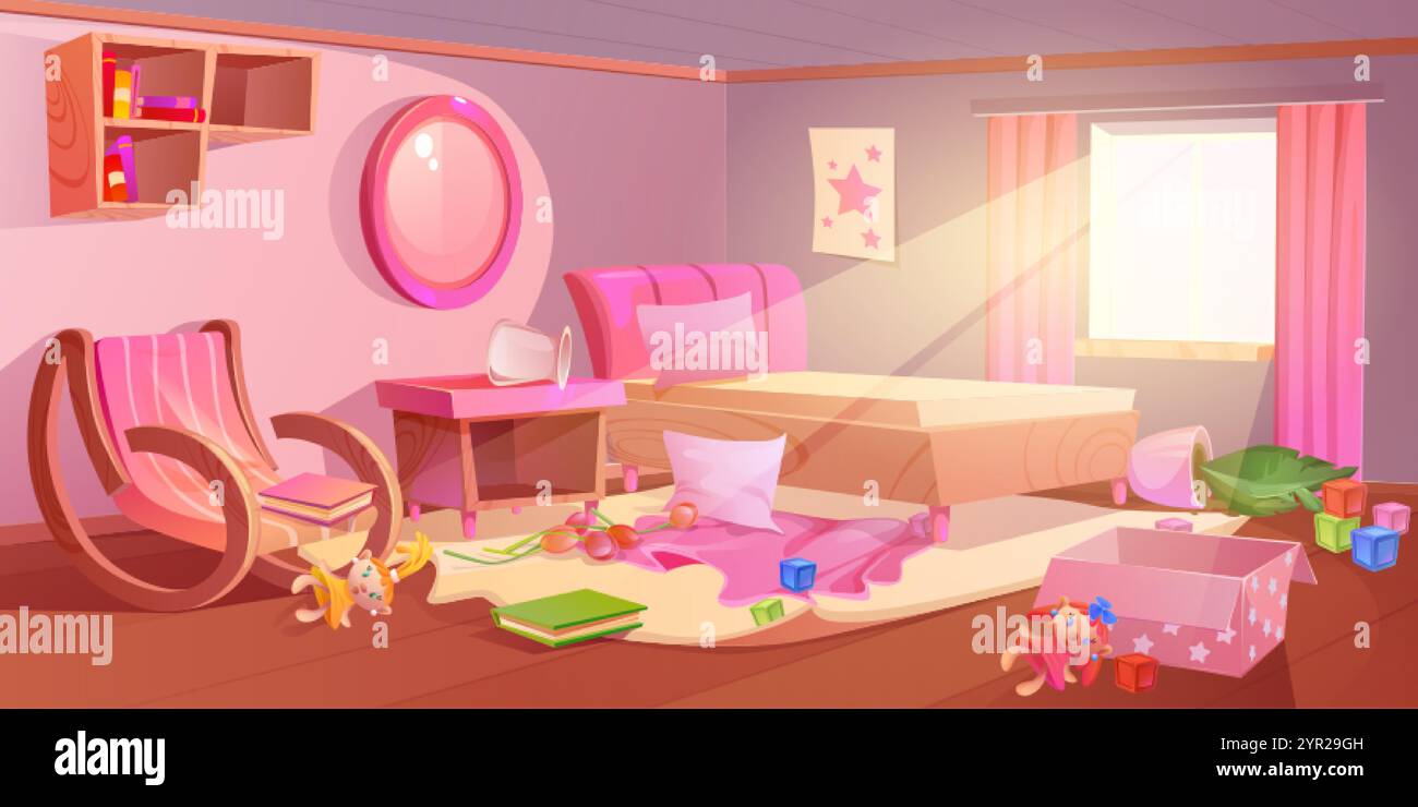 Messy children bedroom interior in pink colors with scattered toys ...