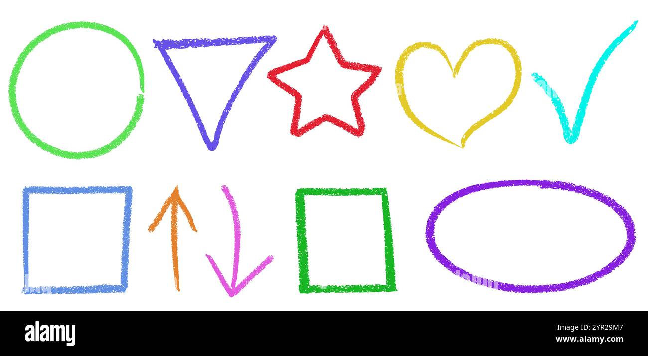 Set of multicolored crayon drawn geometric shapes and frames ...