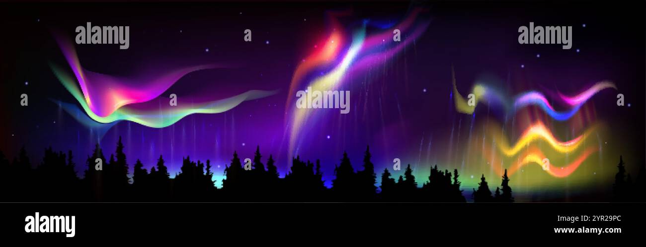 Aurora borealis in night sky above forest. Vector realistic ...