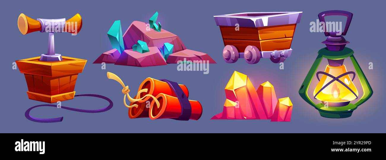 Mining game assets set. Detonator box and dynamite bundle, rocks with ...