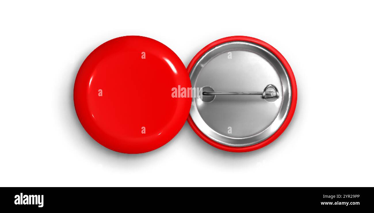 Mockup of red round blank pin badge displaying back view with metallic ...