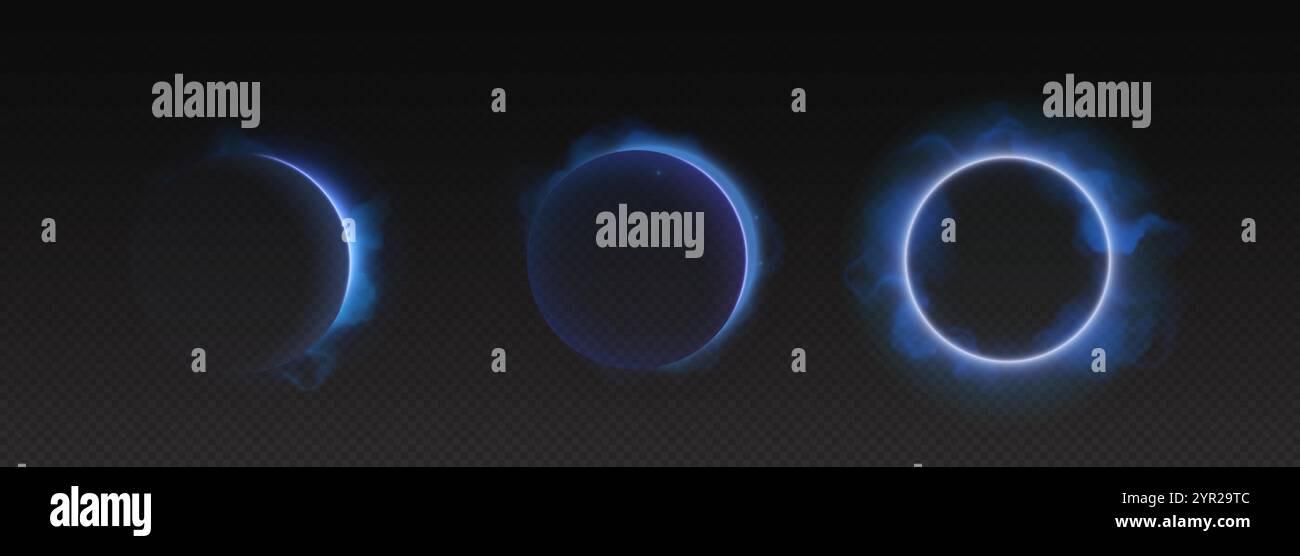Solar eclipse phases with luminous blue circles and crescent on dark ...