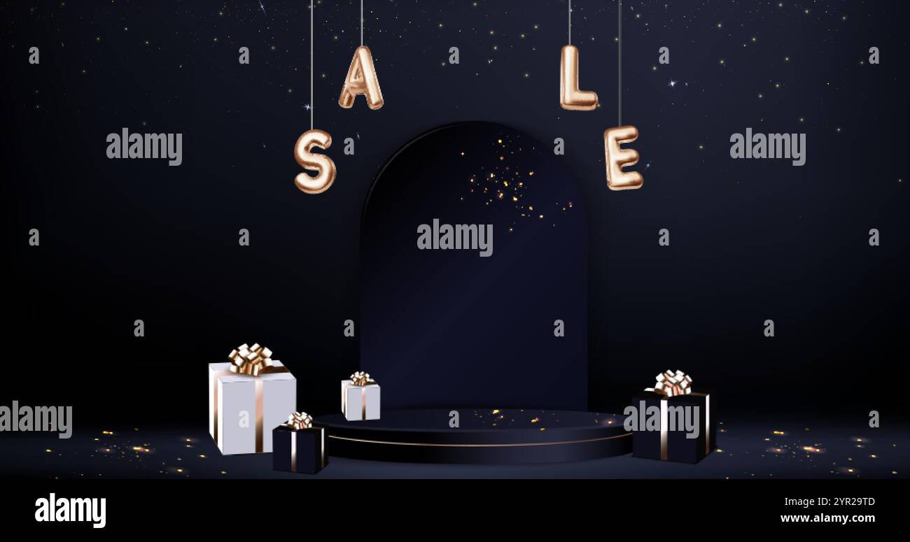 Dark podium beneath arch, hanging golden balloon sign Sale, wrapped ...