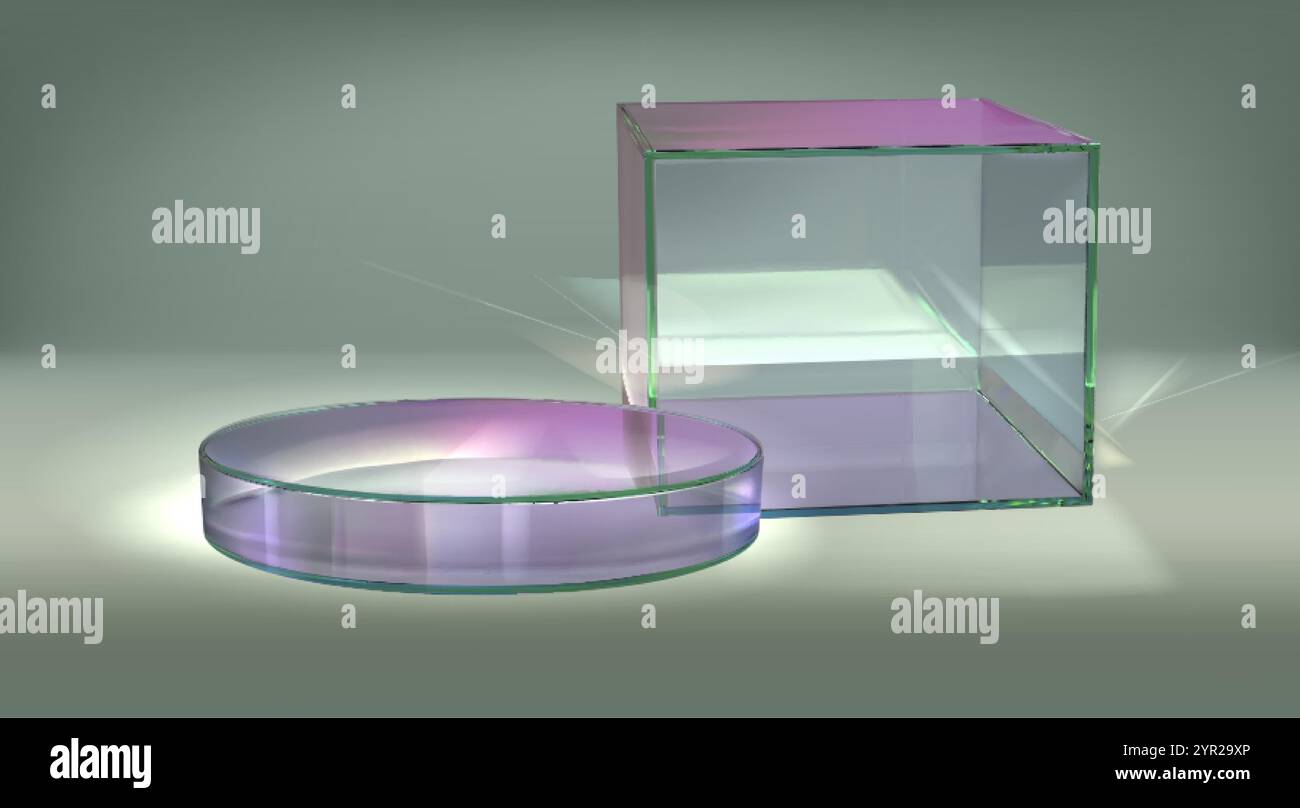 3d glass box podium. Crystal cylinder display stand with background ...