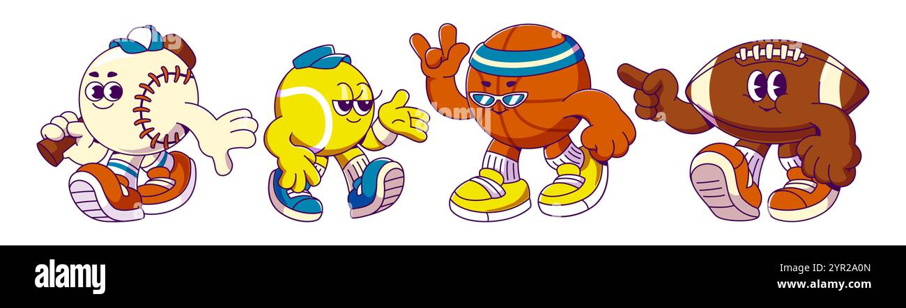 Retro sport ball cartoon mascot. Groovy tennis and soccer character in ...