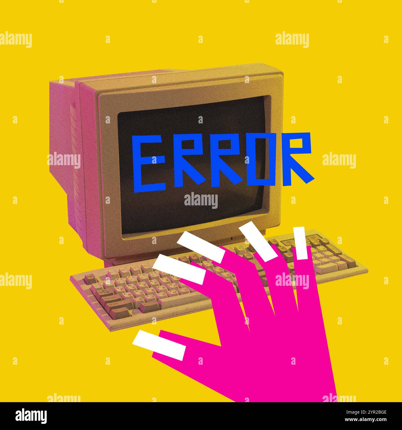 Contemporary art collage. Retro computer monitor with bold error message, in pixelated textures ...