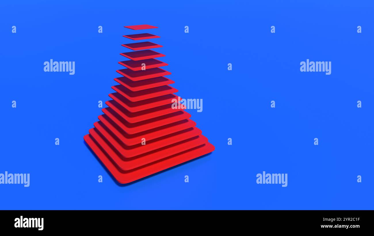 3d rendering of red pyramid tower of rounded boxes with blue background ...