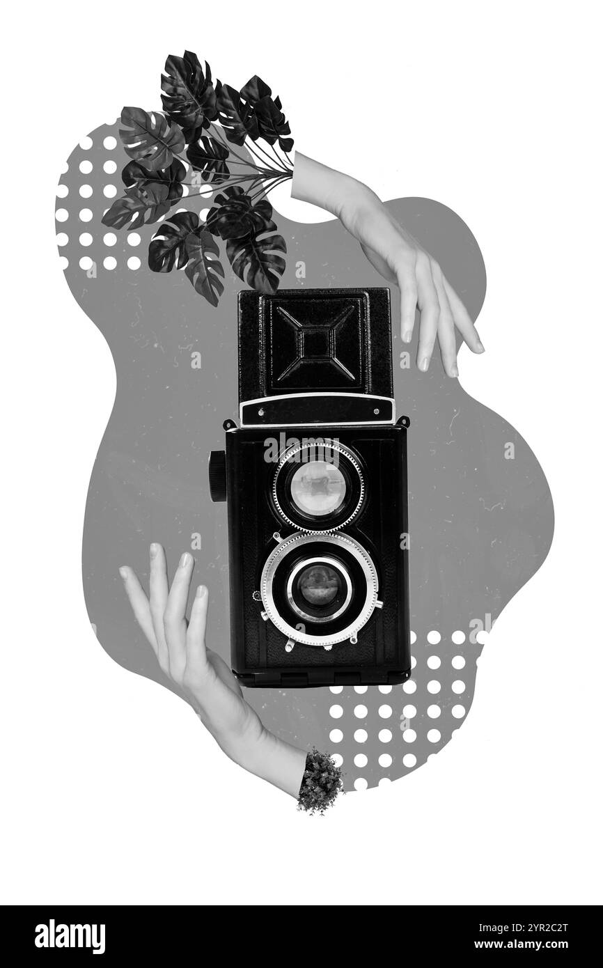 Collage photo picture of hands hold old retro vintage photo camera ...